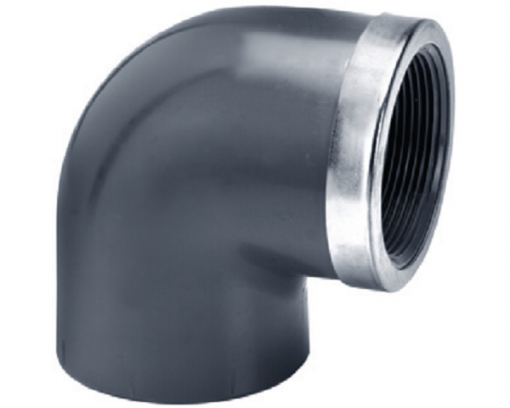 PVC druk Knie 90° Lijm x Binnendraad met RVS ring 40 mm x 1¼” 16 ATO | Daruma Koi